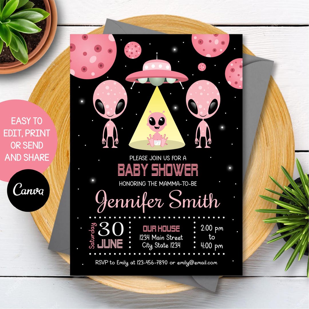 Editable Out of This World Baby Shower Invitation Girl, Alien Baby ...