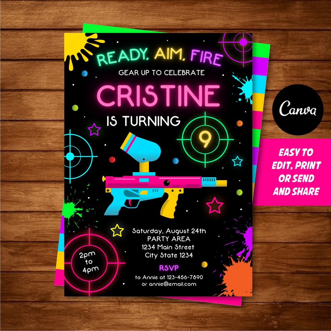 Editable, Paintball Birthday Invitation, Paintball Party, Neon Colors ...