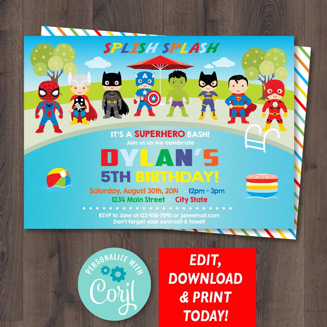 EDITABLE Superhero Pool Party Invitation Superheroes - Etsy