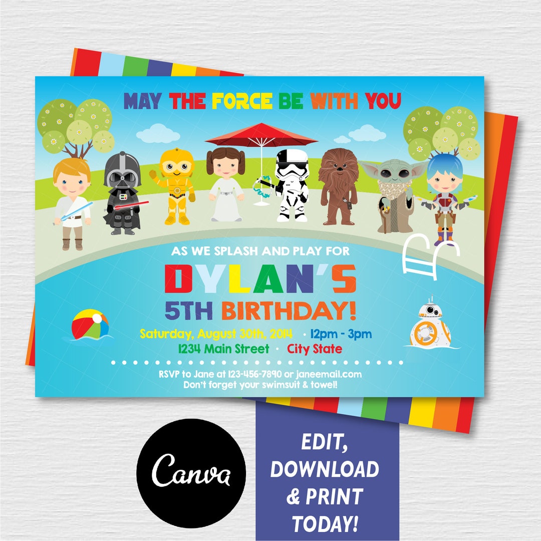 Editable, Star Wars Pool Party Invitation, Star Wars Birthday, Pool ...