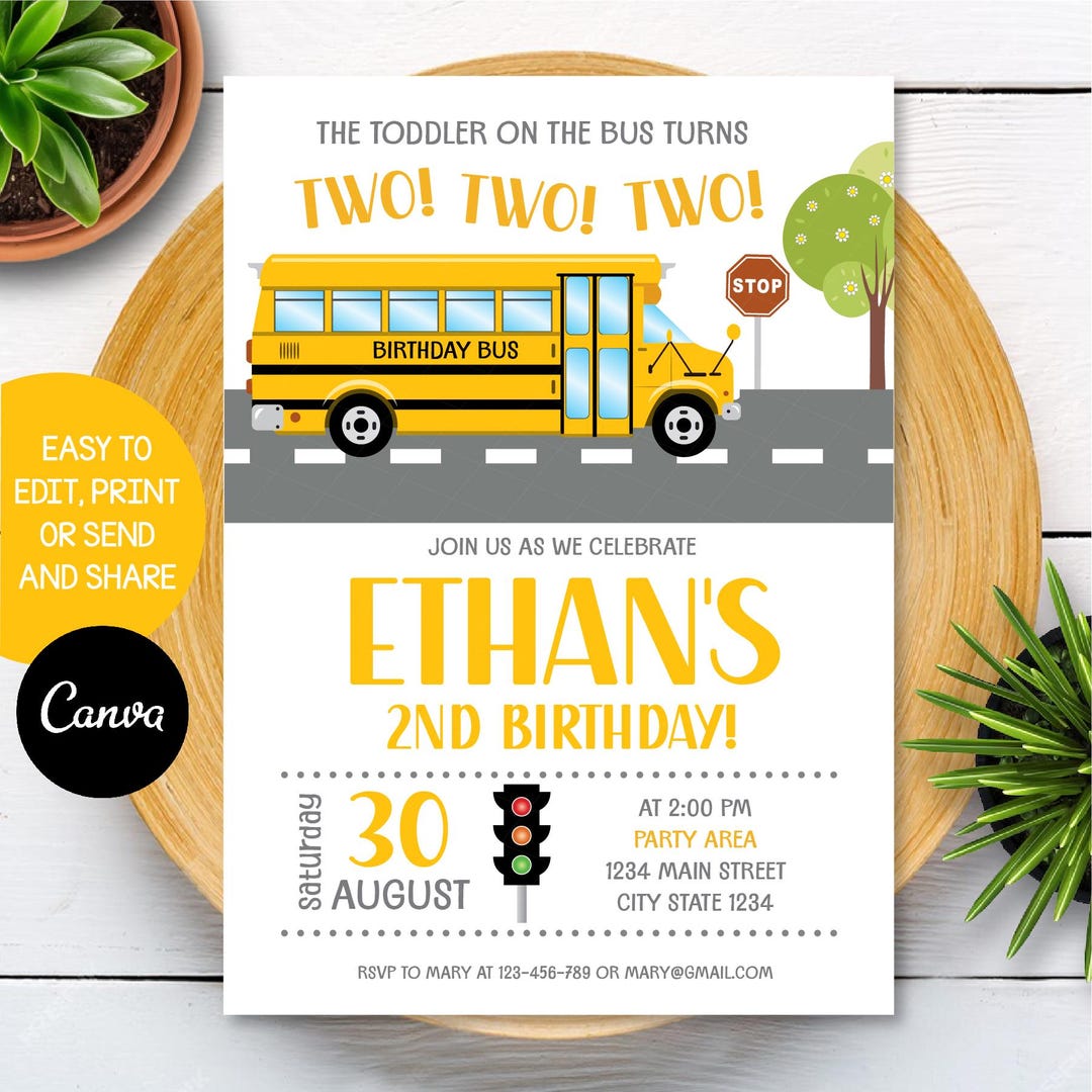 Editable School Bus Birthday Invitation, School Bus Party, School Bus ...
