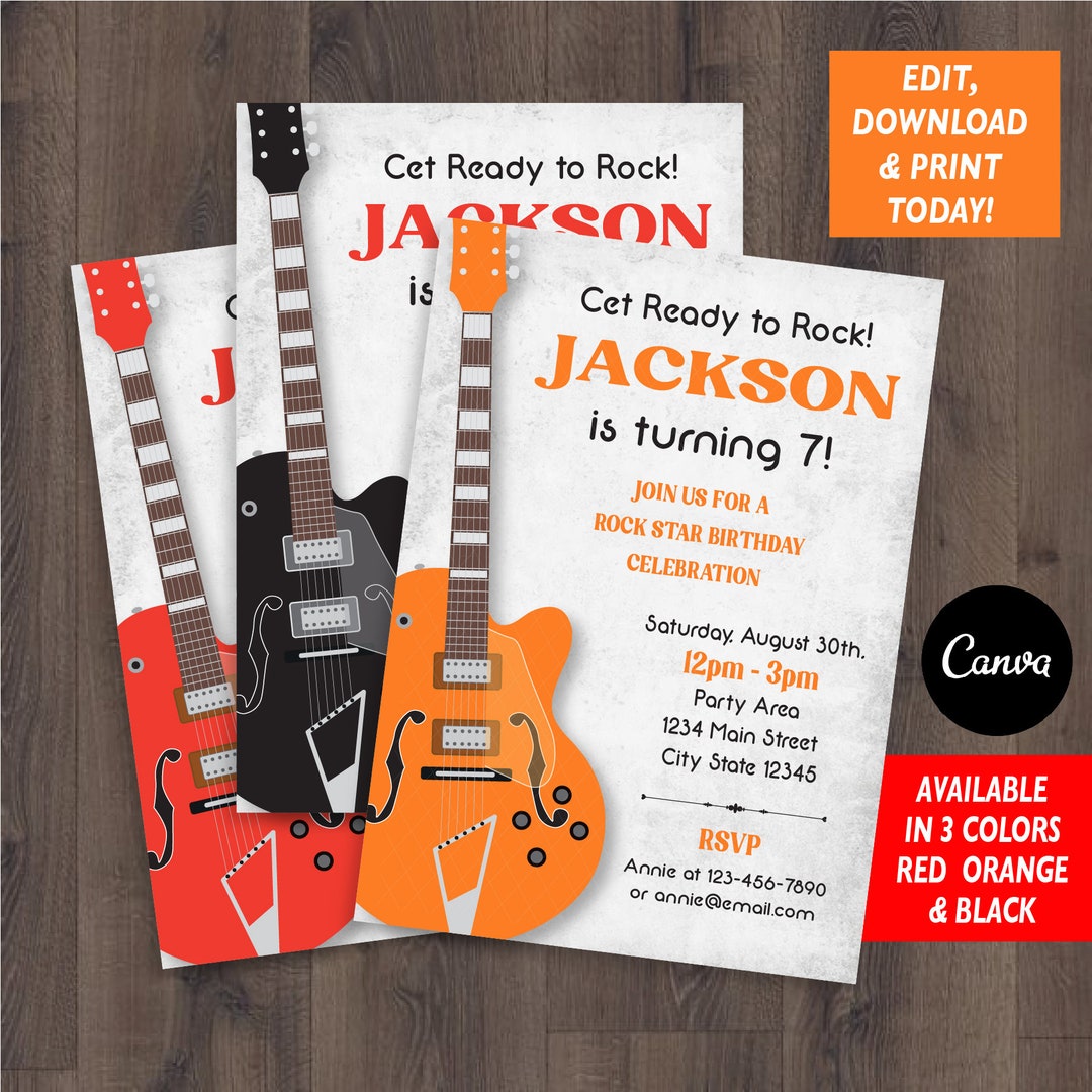 Editable, Rock Star Birthday Invitation, Rock Stars Party, Guitar ...