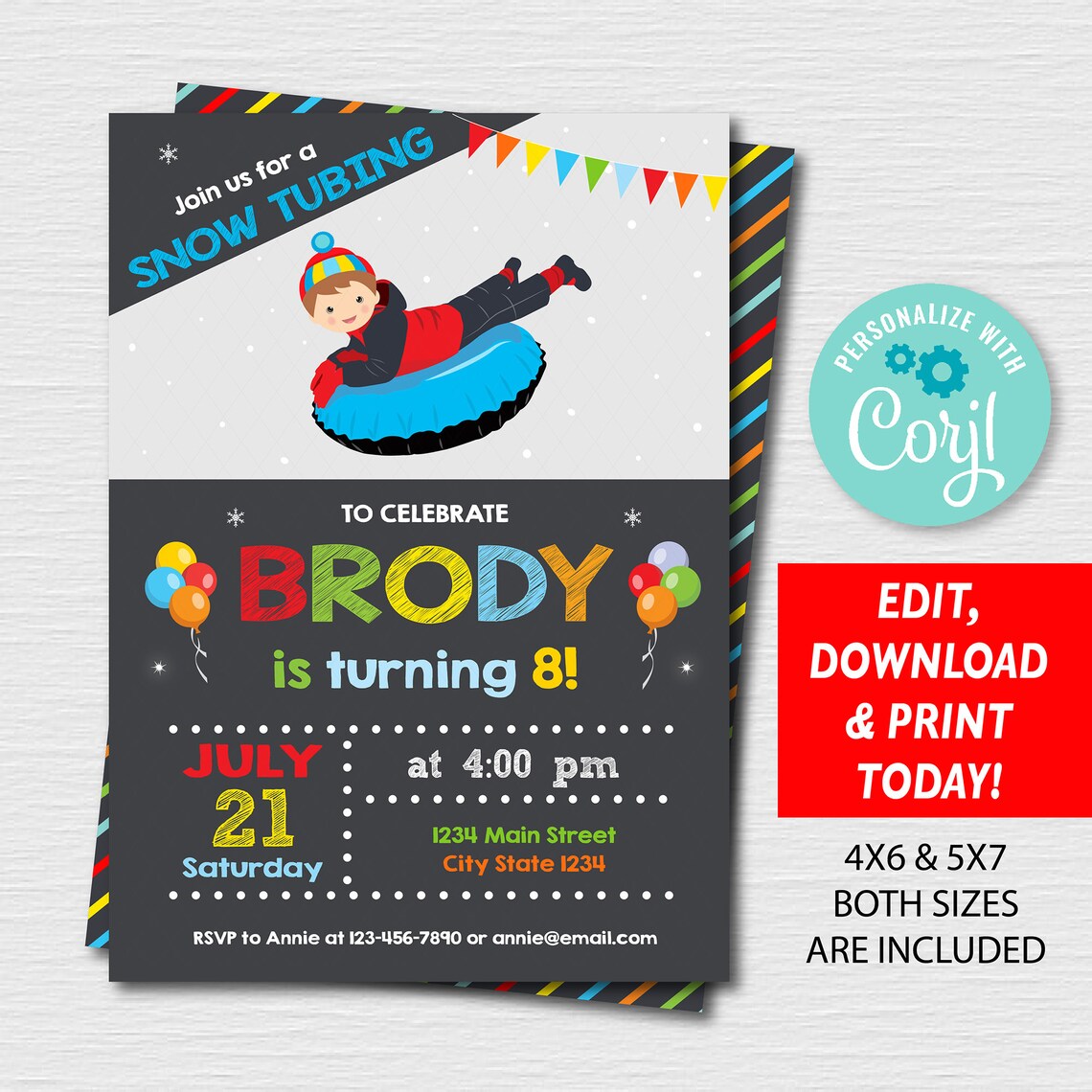 Editable Snow Tubing Birthday Invitation Sledding Party - Etsy