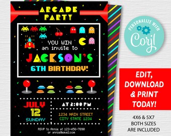 Arcade Party Invitation Printable. Editable PDF. Instant - Etsy