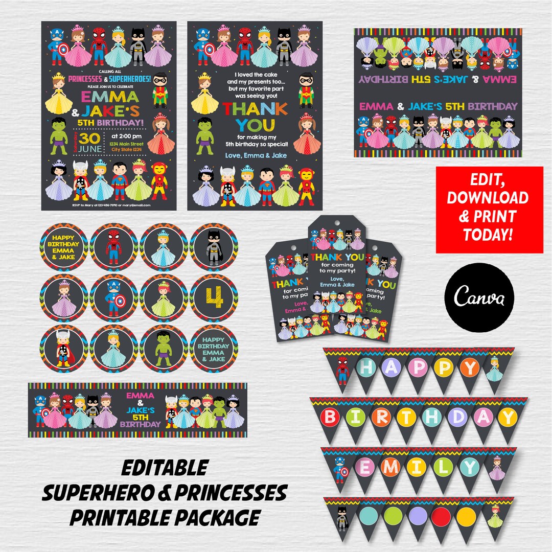 EDITABLE Princess and Superhero Birthday Printable Package, Princesses ...