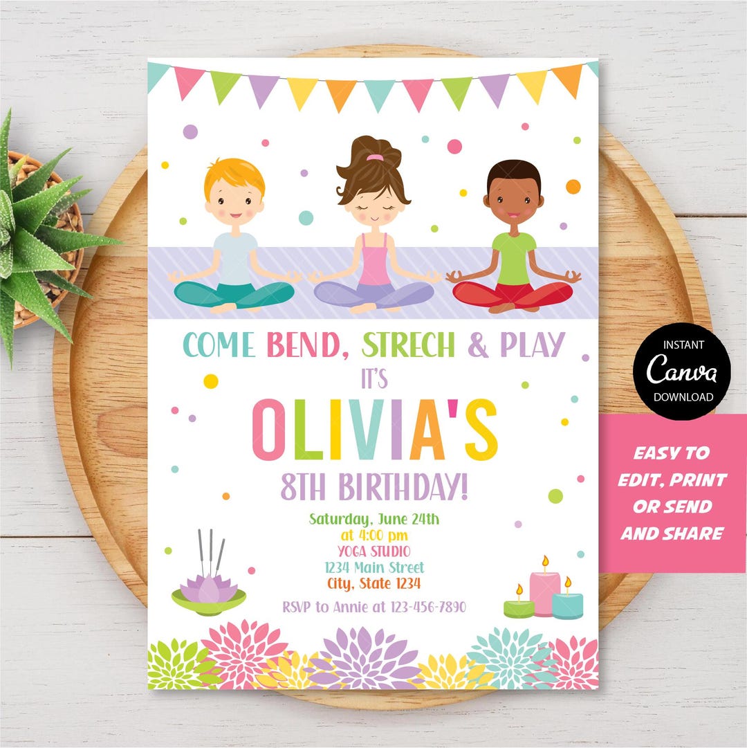 Editable Yoga Birthday Invitation, Yoga Party, Yoga Girls Boys Birthday ...