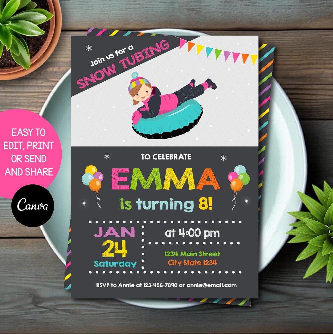 Editable, Snow Tubing Birthday Invitation, Girls Sledding Party, Winter ...