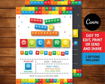 Building Blocks Invitation, Blocks Birthday Party, Builders, Building ...