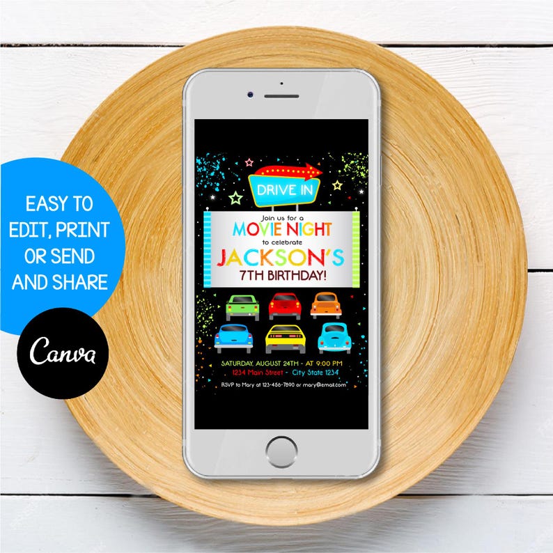 Editable Drive-in Movie Birthday Invitation, Boy Drive-in Movie ...