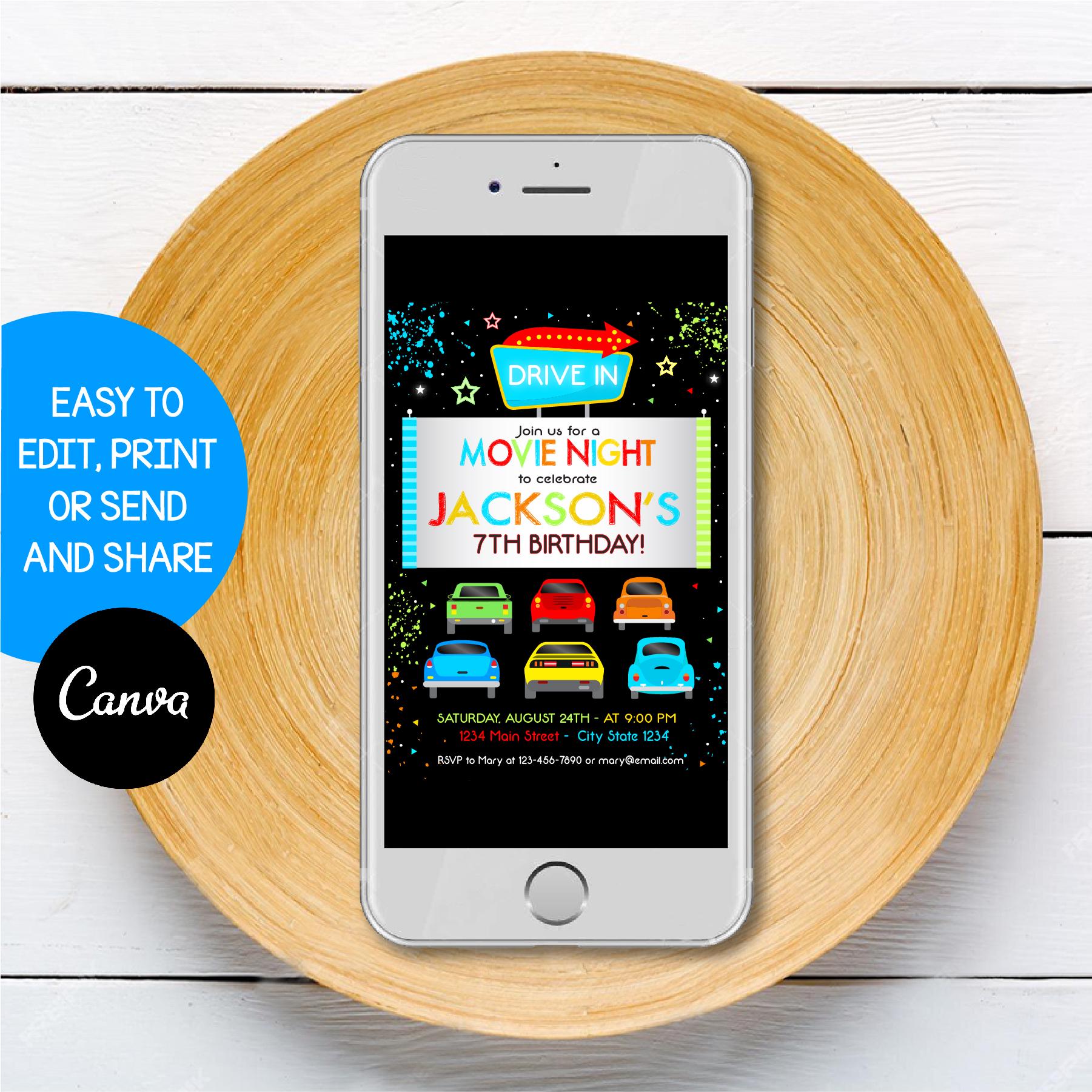 Editable Drive-in Movie Birthday Invitation, Boy Drive-in Movie ...