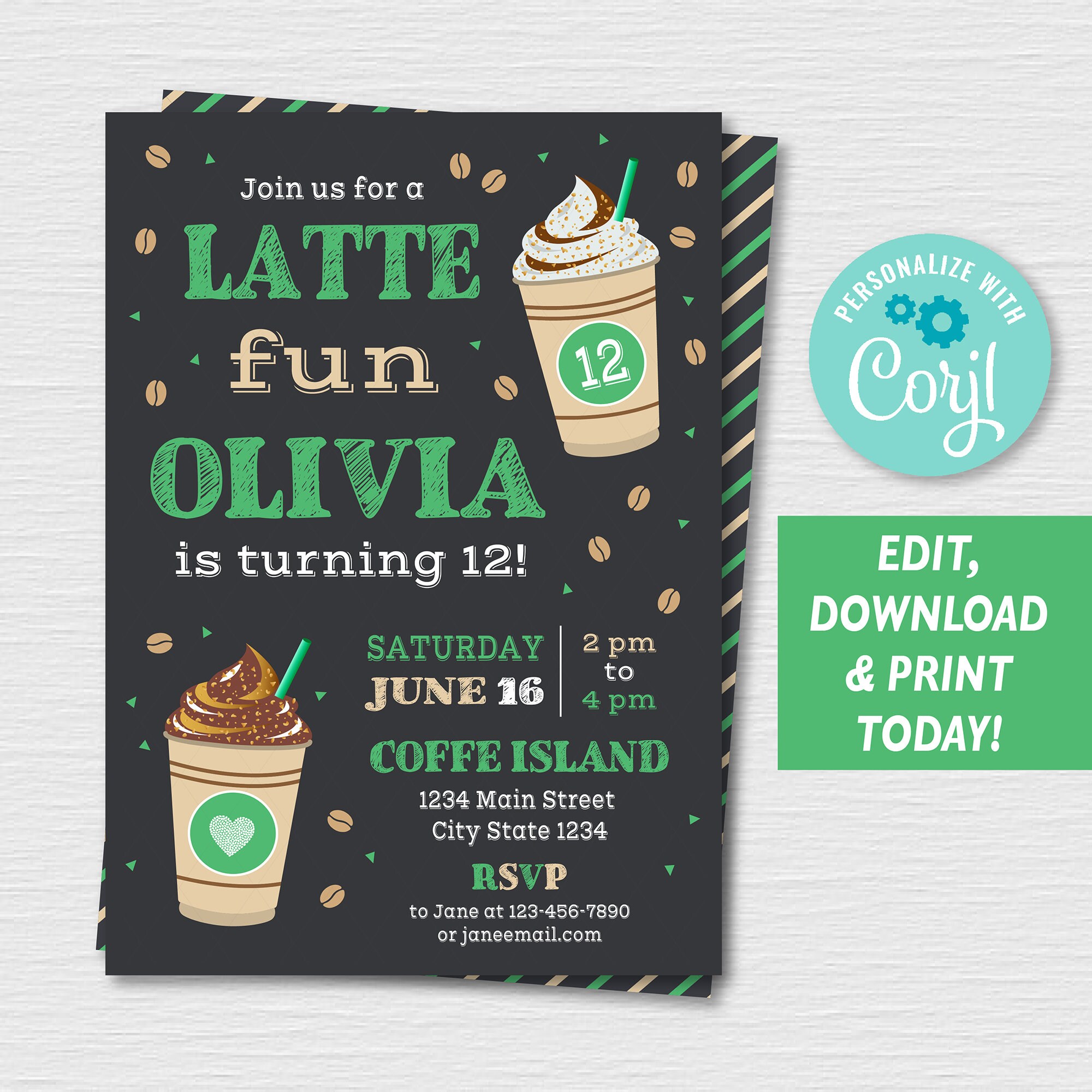 Editable Coffee Birthday Invitation Latte Fun Corjl - Etsy