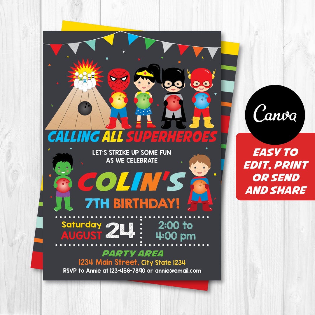 Editable, Superheroes Bowling Birthday Invitation, Superhero Bowling ...
