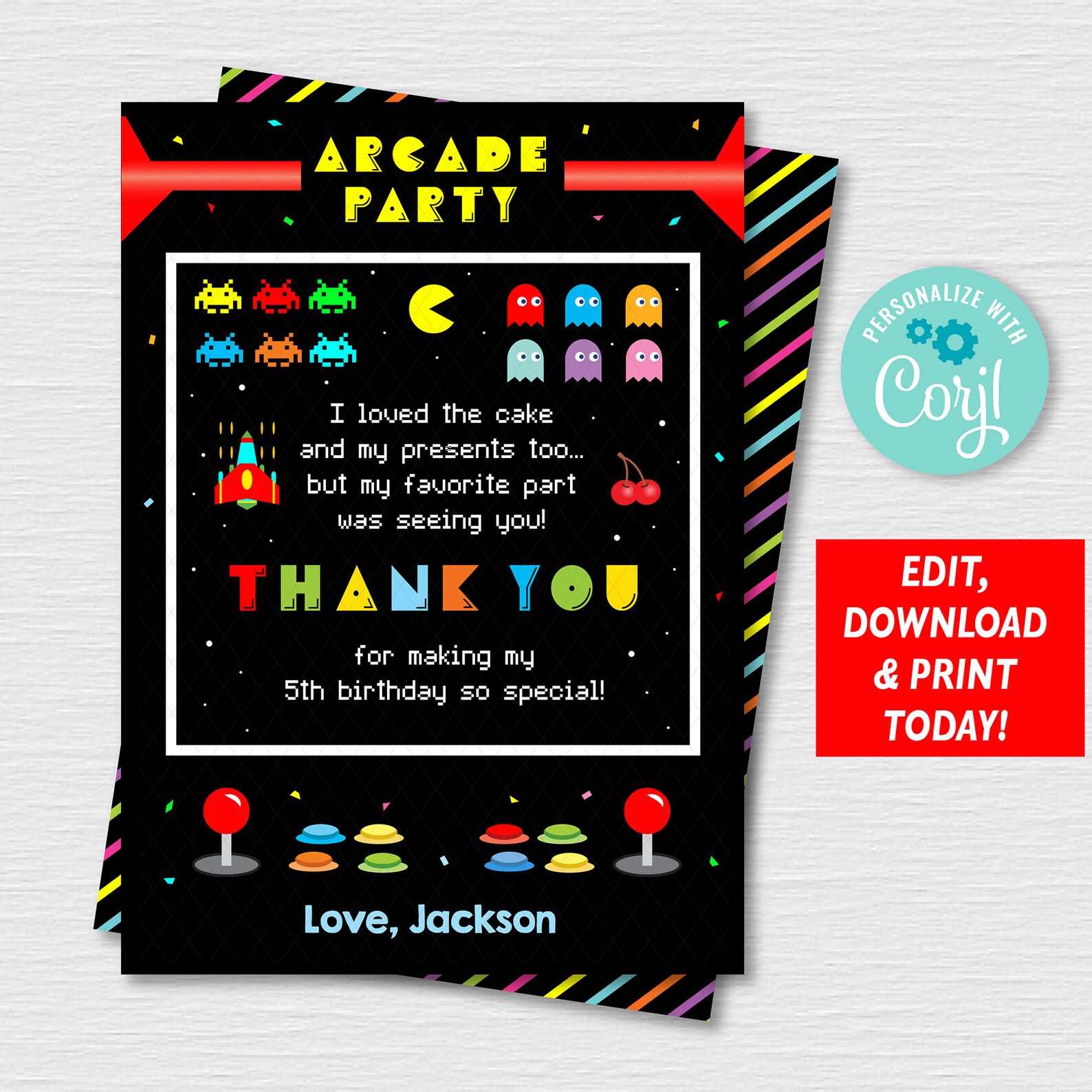 Self Editable Arcade Thank You Card Arcade Birthday Thank - Etsy