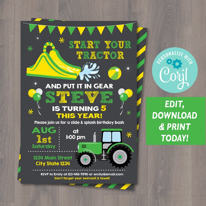 EDITABLE Tractor Water Slide Invitation Tractor Invite - Etsy