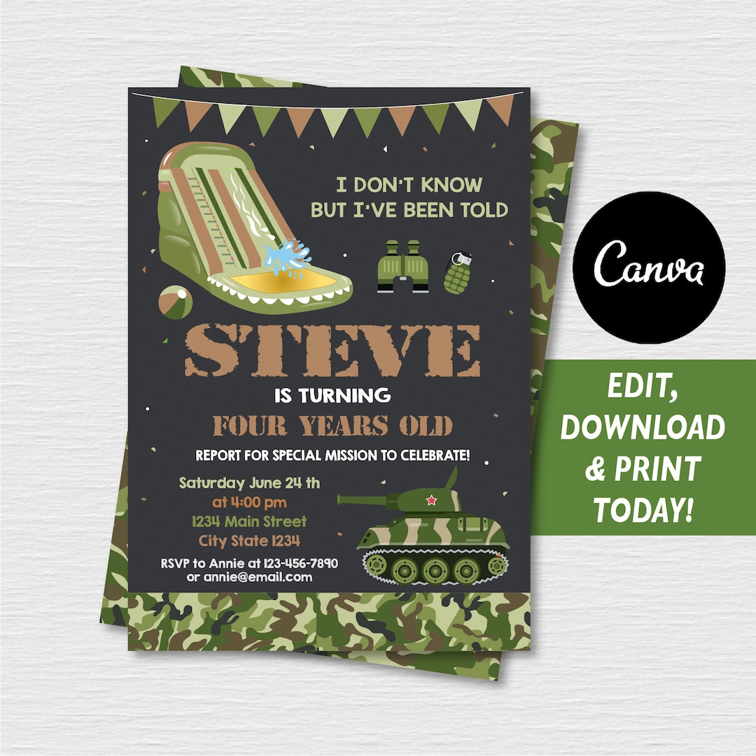 Self Editable, Army Waterslide Birthday Invitation, Tank Invitation ...