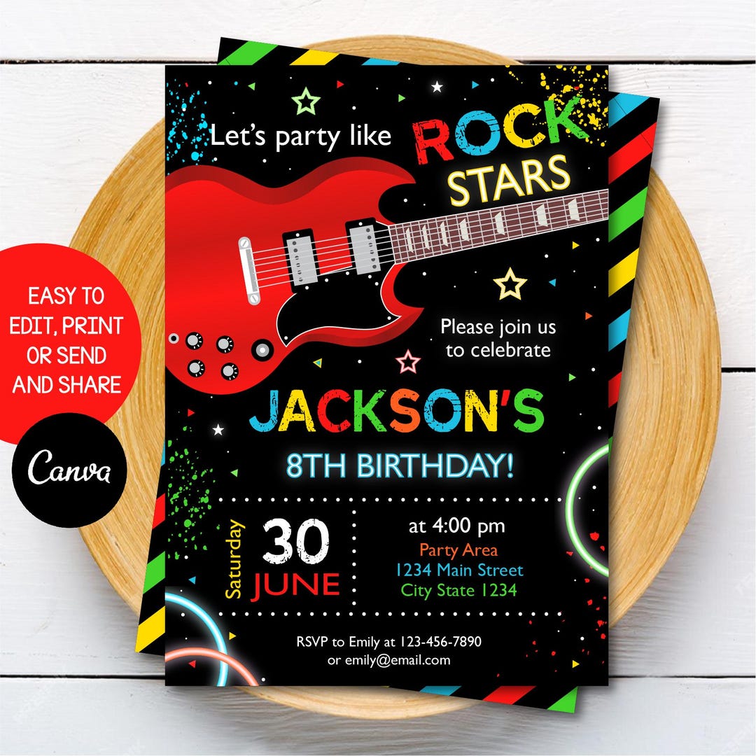 Editable Rock Star Birthday Invitation, Rock Stars Party, Boy Guitar ...
