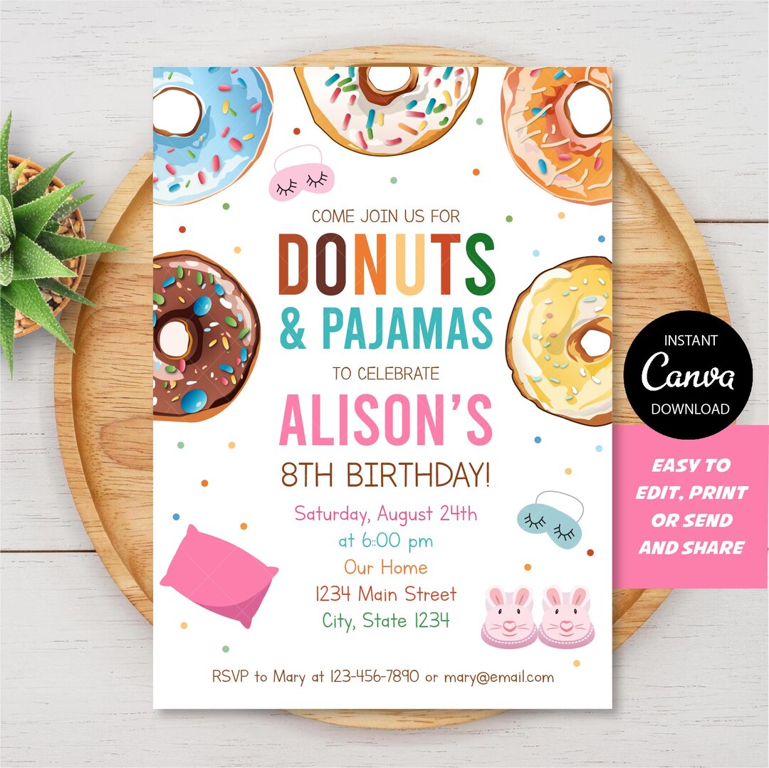 Donuts and Pajamas Birthday Invitation, Editable Donuts Pajamas Invites ...