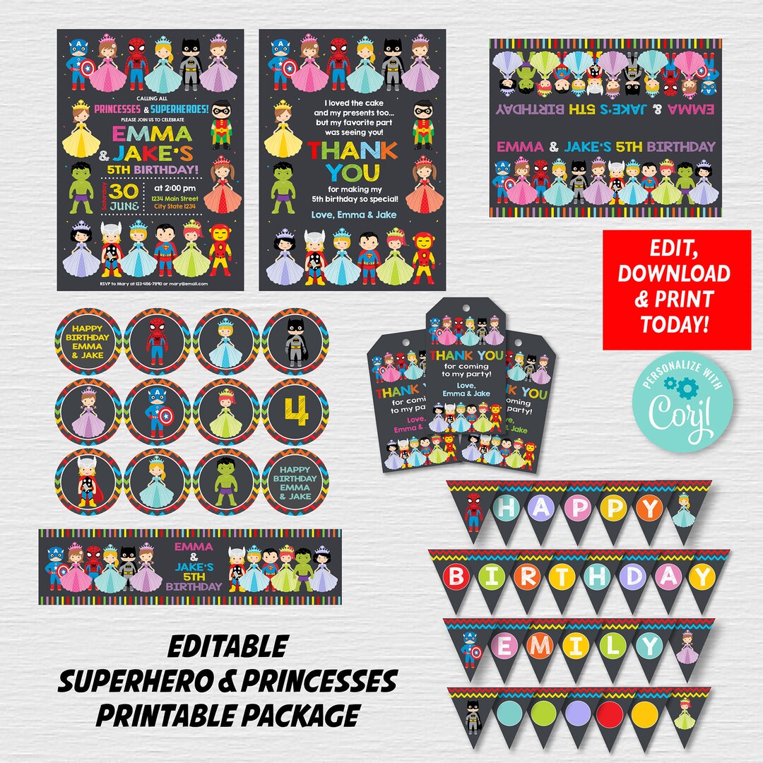 EDITABLE Princess and Superhero Birthday Printable Package - Etsy