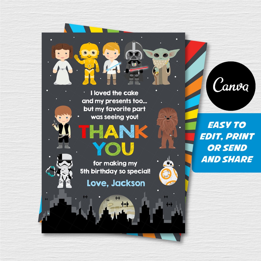 Self Editable - Star Wars Thank You Card, Star Wars Birthday, Thank You ...