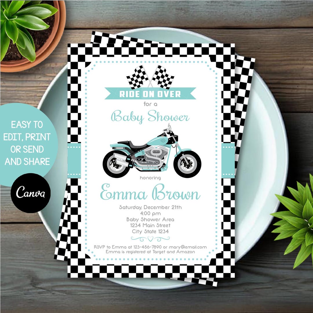 Editable, Motorcycle Boy Baby Shower Invitation, Aqua Blue, Canva ...