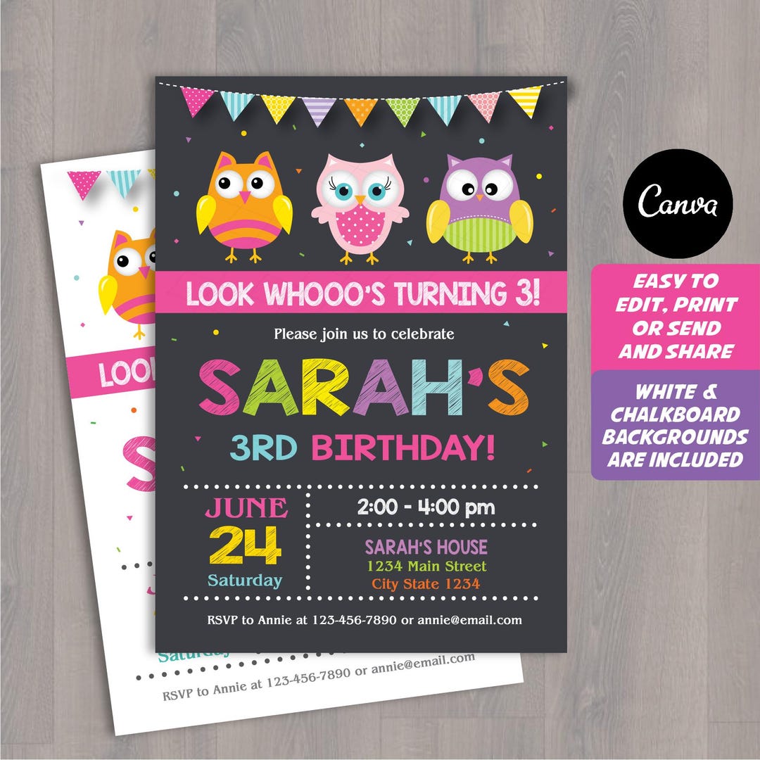 Editable, Owls Birthday Invitation, Owls Party, Corjl Owl, Owl ...