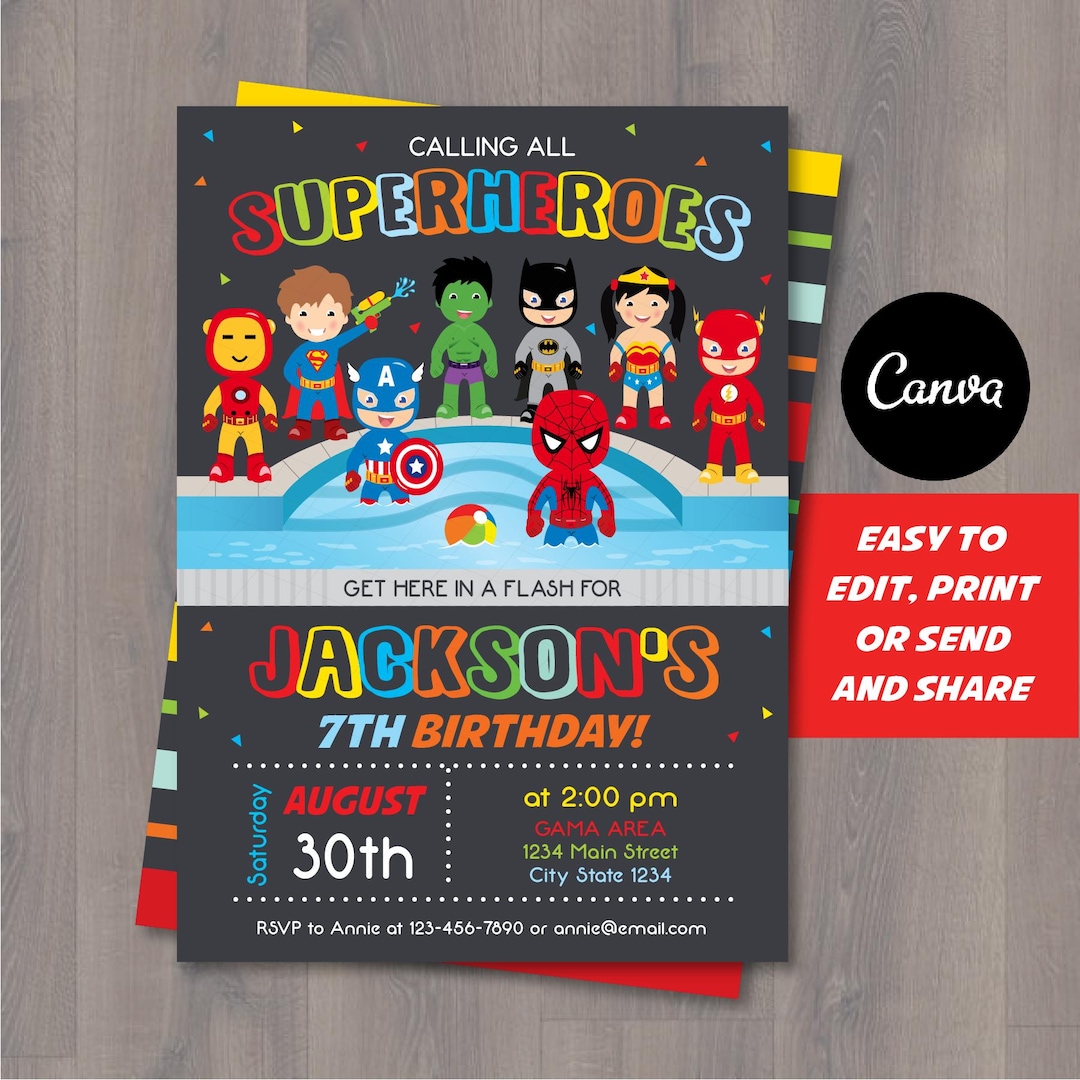 Editable, Superhero Pool Birthday Invitation, Superheroes Birthday ...