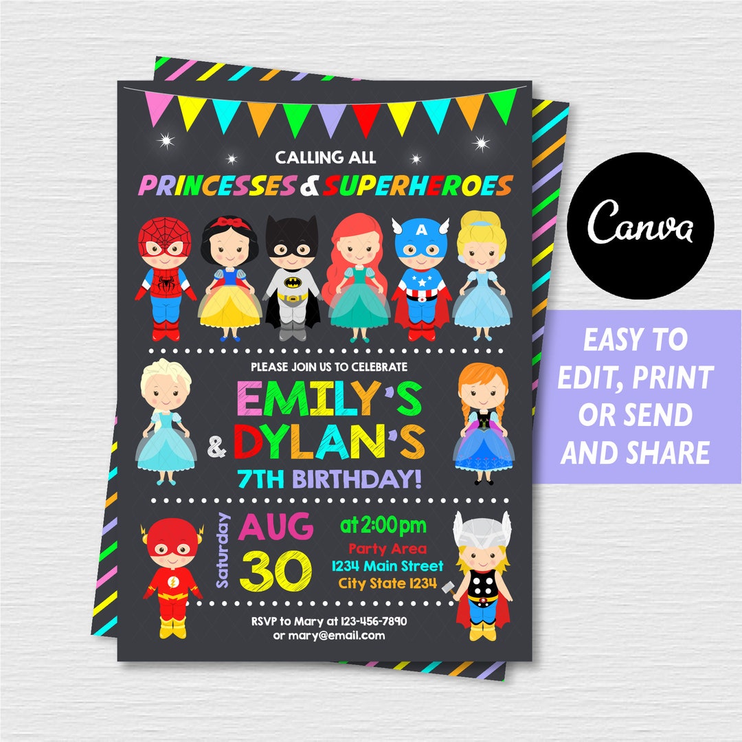 Editable, Superhero and Princess Birthday Invitation, Superhero and ...