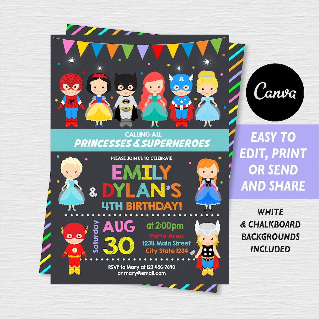 Editable, Superhero and Princess Birthday Invitation, Superhero and ...