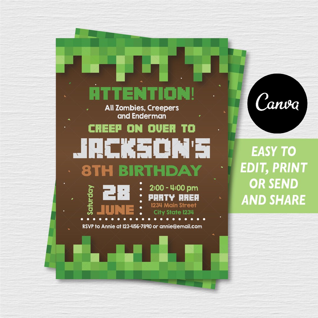 Editable, Video Game Invitation, Pixelated Invite, Canva Template ...