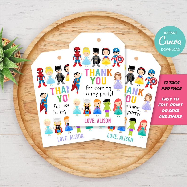 Editable Superhero and Princess Favor Tags, Superheroes Birthday ...