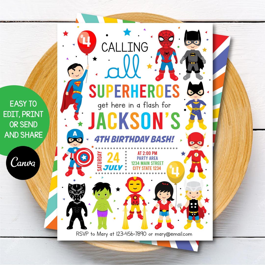 Editable Superhero Birthday Invitation, Superheroes Party, Superheroes ...