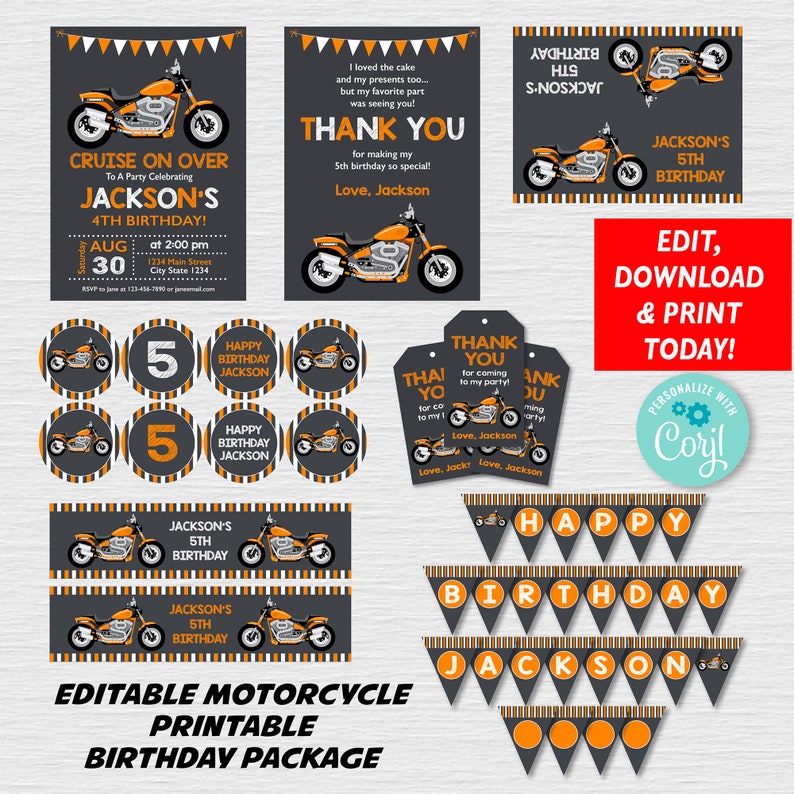 Editable Motorcycle Birthday Printable Package Motorcycle - Etsy