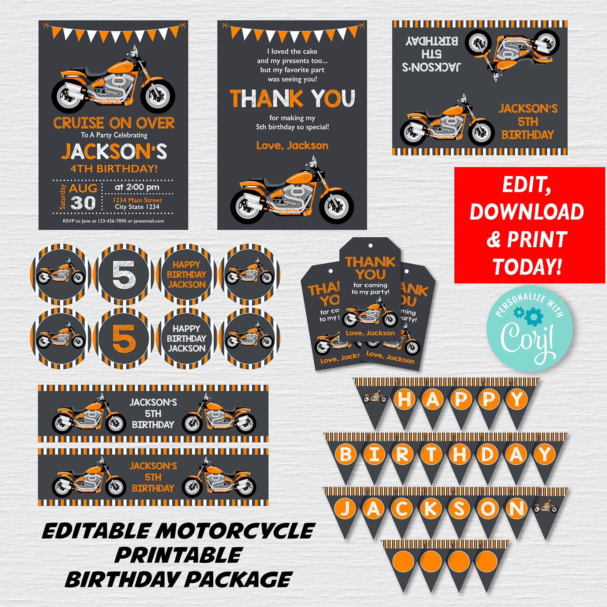 Editable Motorcycle Birthday Printable Package Motorcycle - Etsy