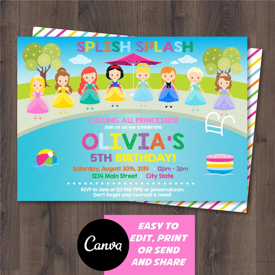 Editable, Princess Pool Birthday Invitation, Princesses Party ...