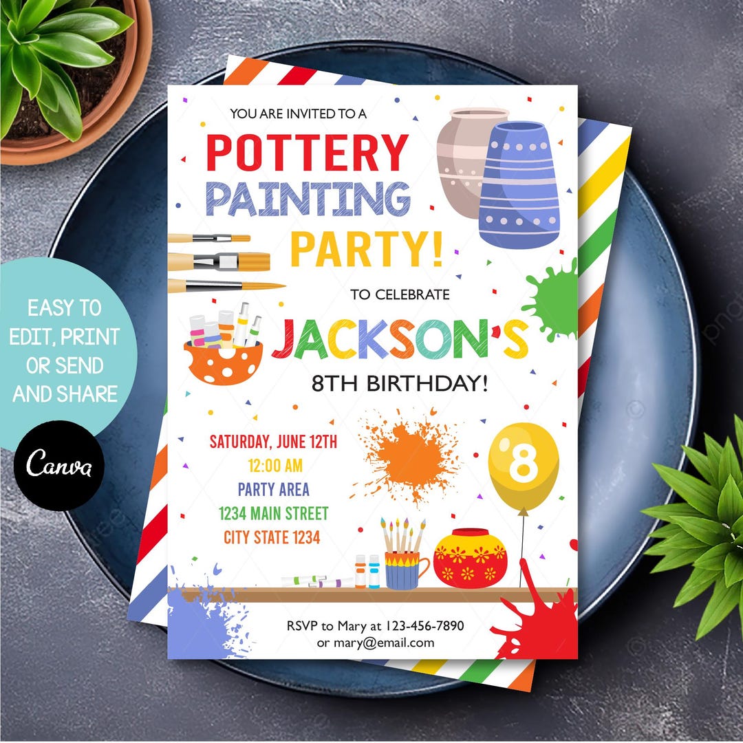 Editable Painting Pottery Birthday Invitation, Boy Pottery Painting ...