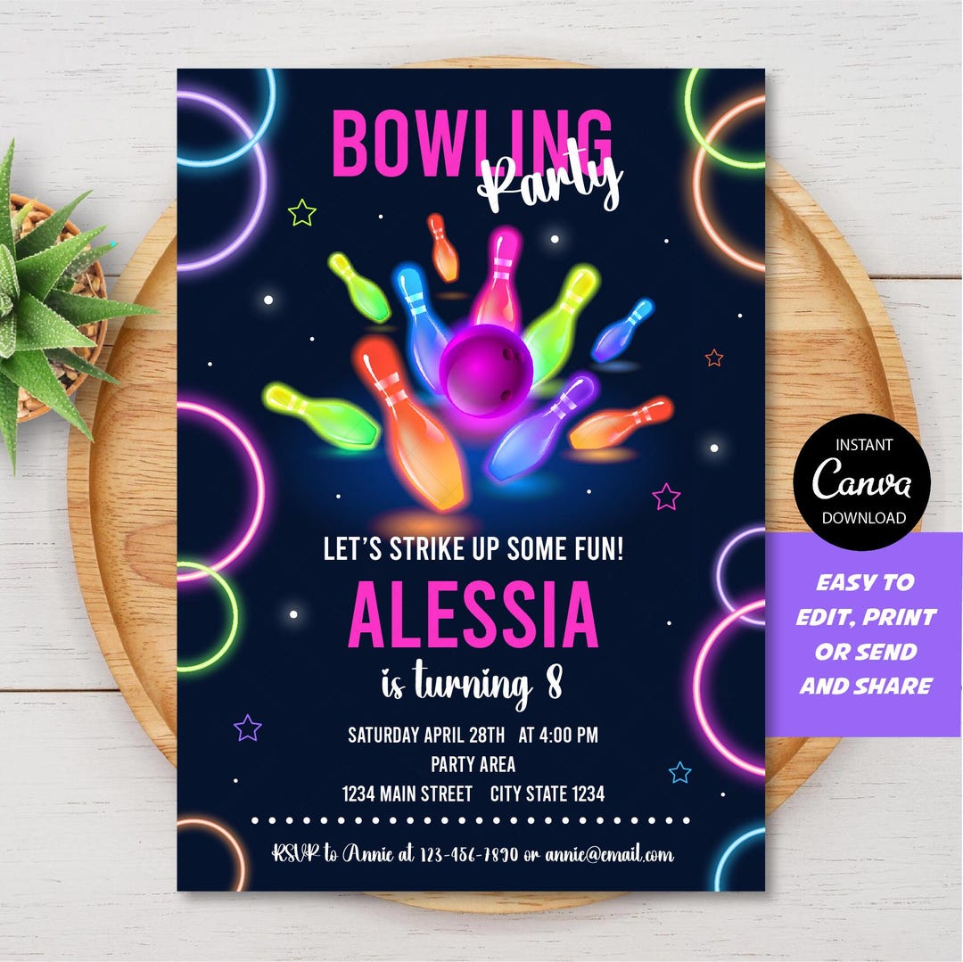 Editable Bowling Birthday Invitation, Girls Bowling Party, Girl Bowling ...