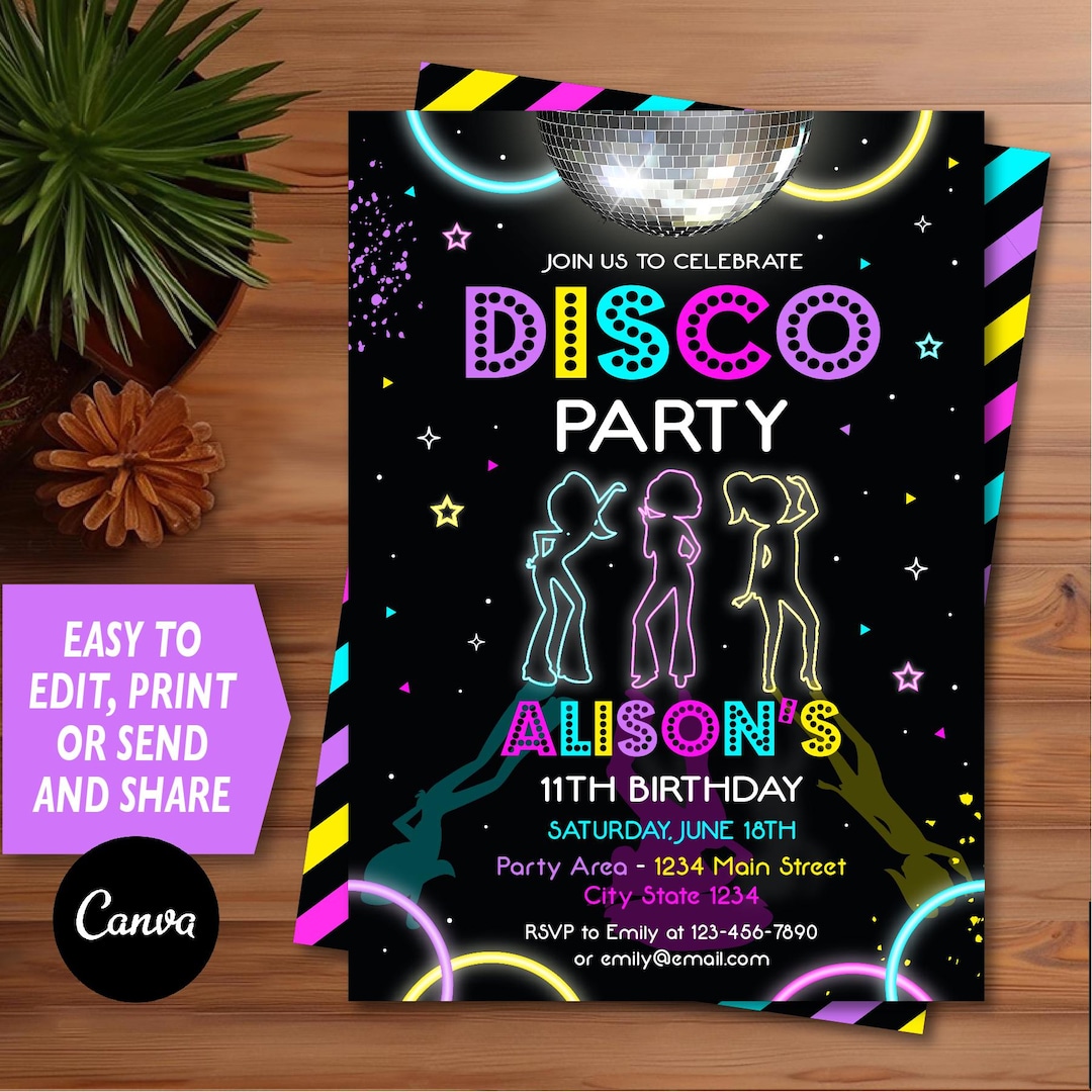Editable Disco Birthday Invitation, Girls Dance Invitation, Girls Disco ...