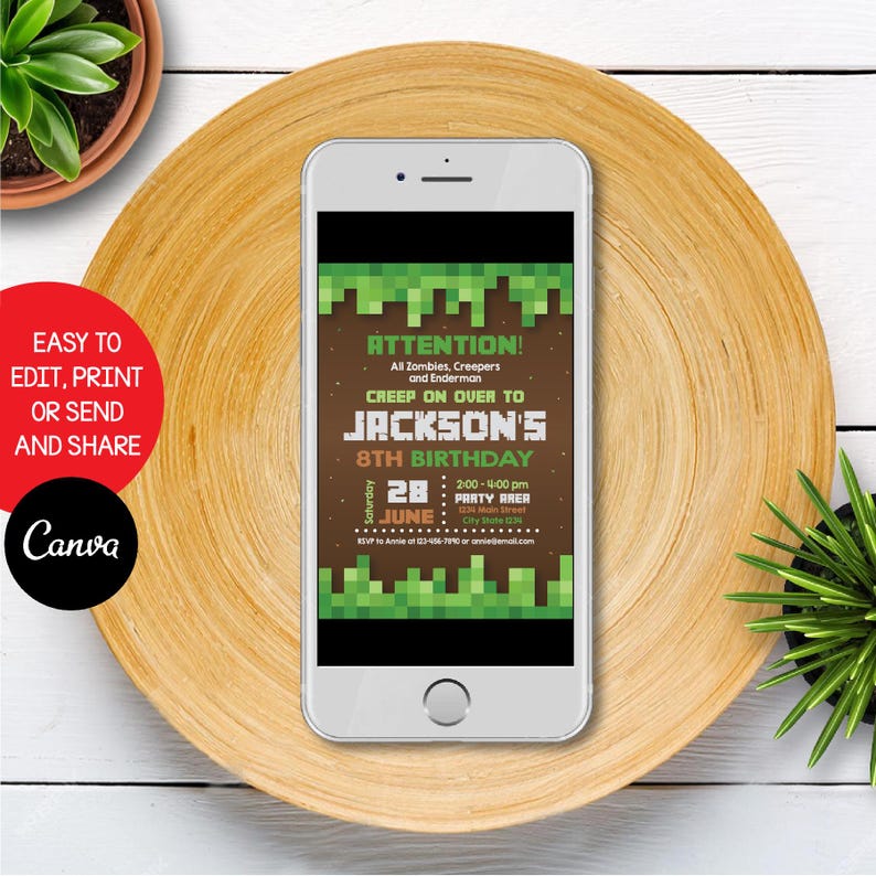 Editable, Video Game Invitation, Pixelated Invite, Canva Template ...