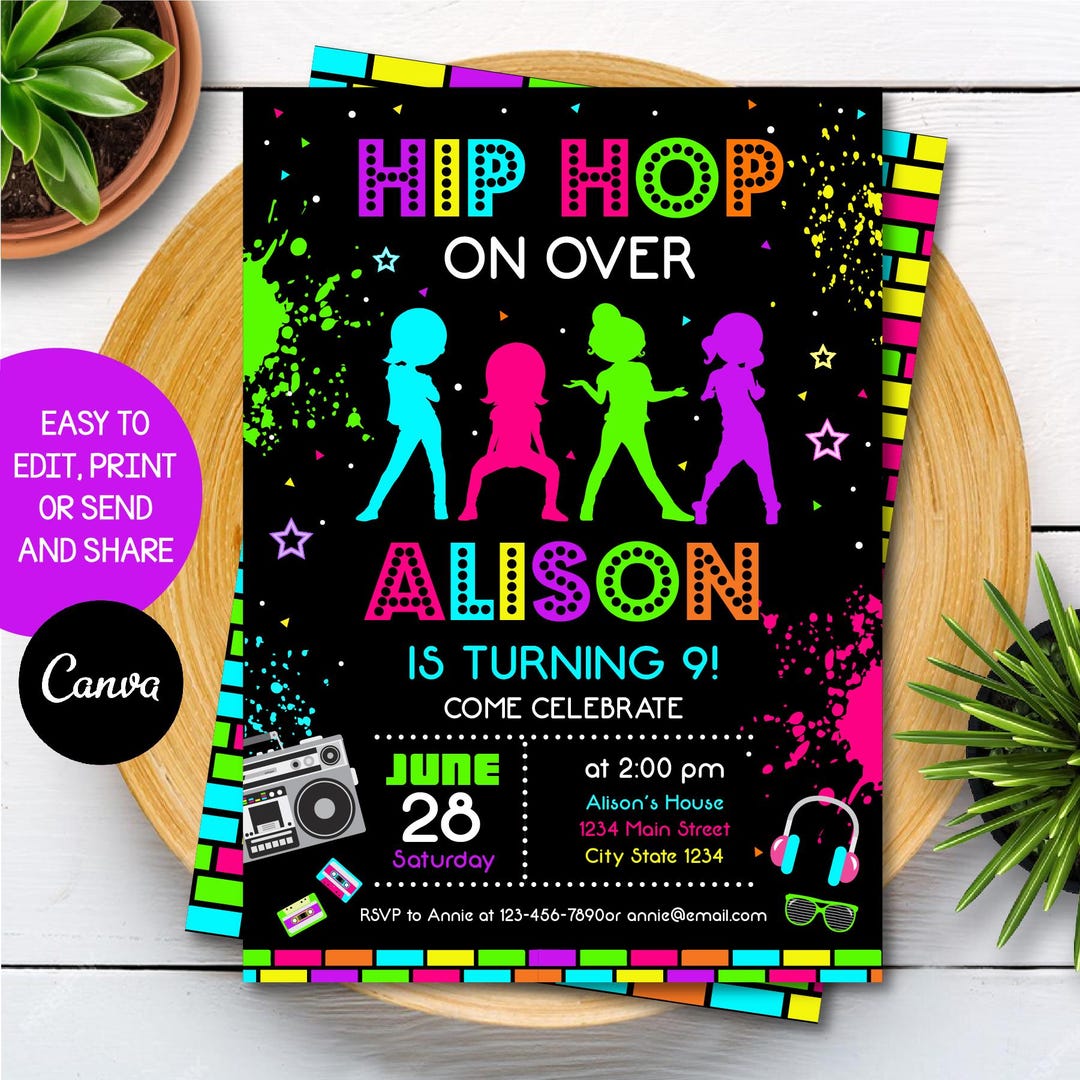 Editable Hip Hop Birthday Invitation, Girls Hip Hop Invitation, Dance ...
