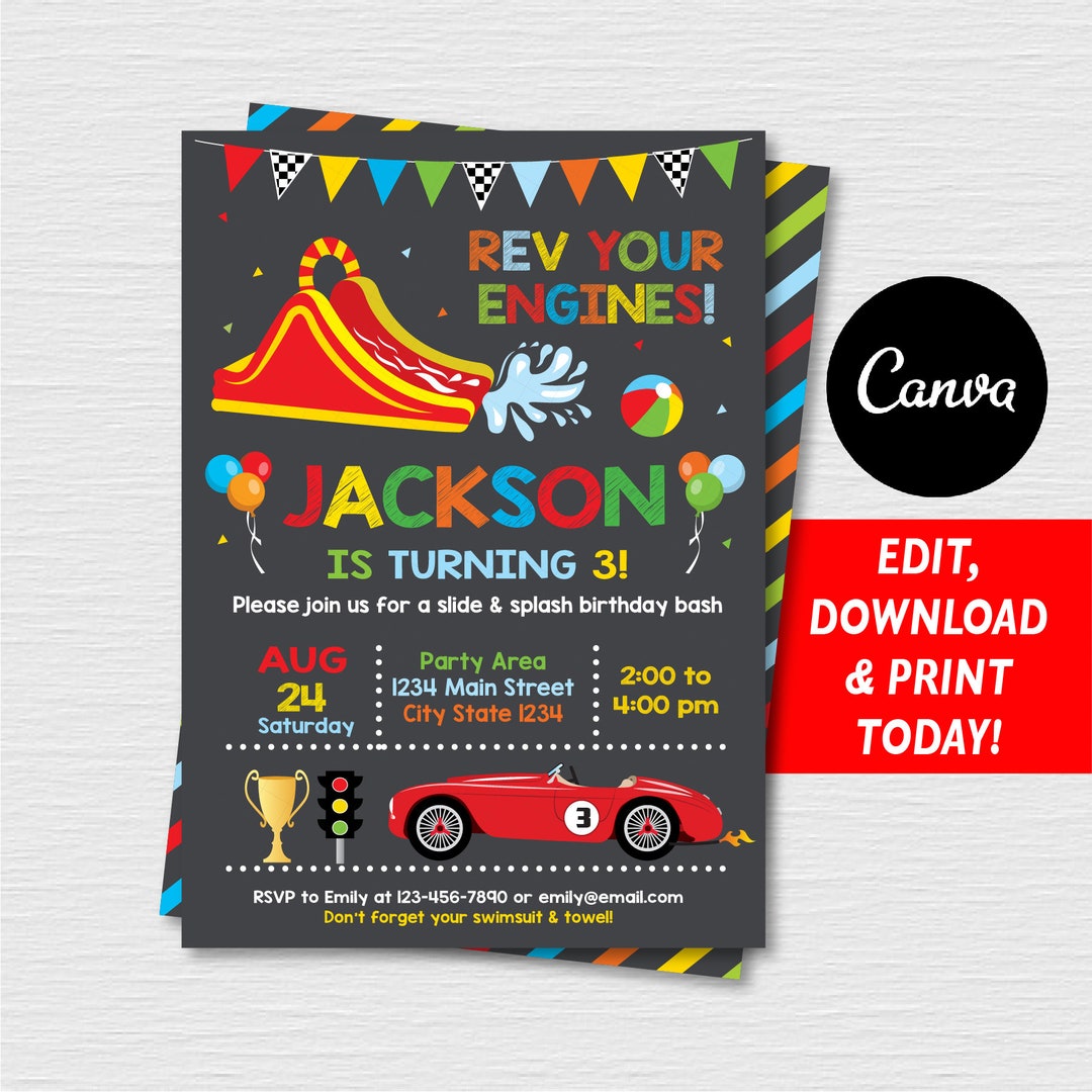 EDITABLE, Racing Car Water Slide Invitation, Race Car Party, Waterslide ...