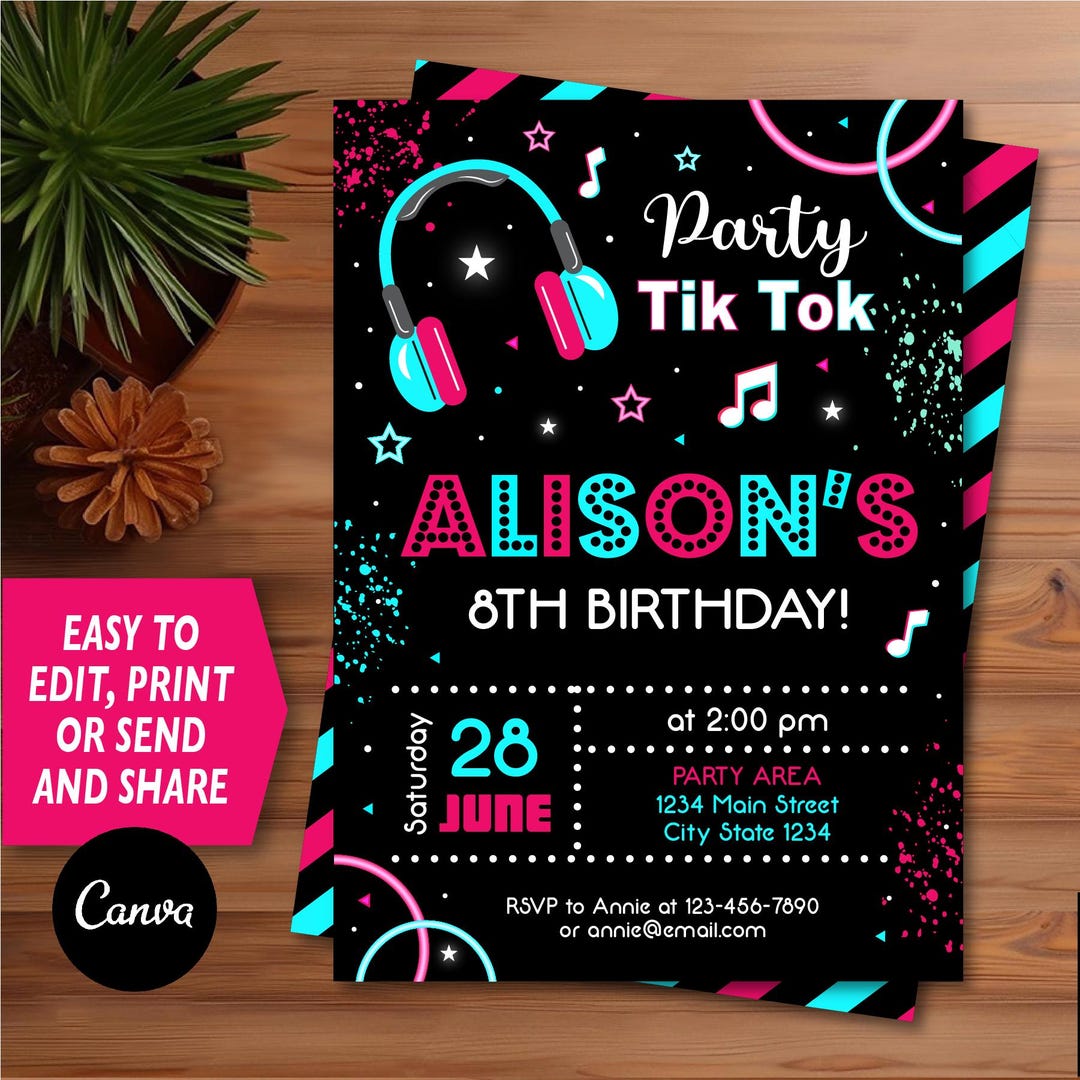 Editable Tik Tok Birthday Invitation, Kids Party, Musical Birthday ...
