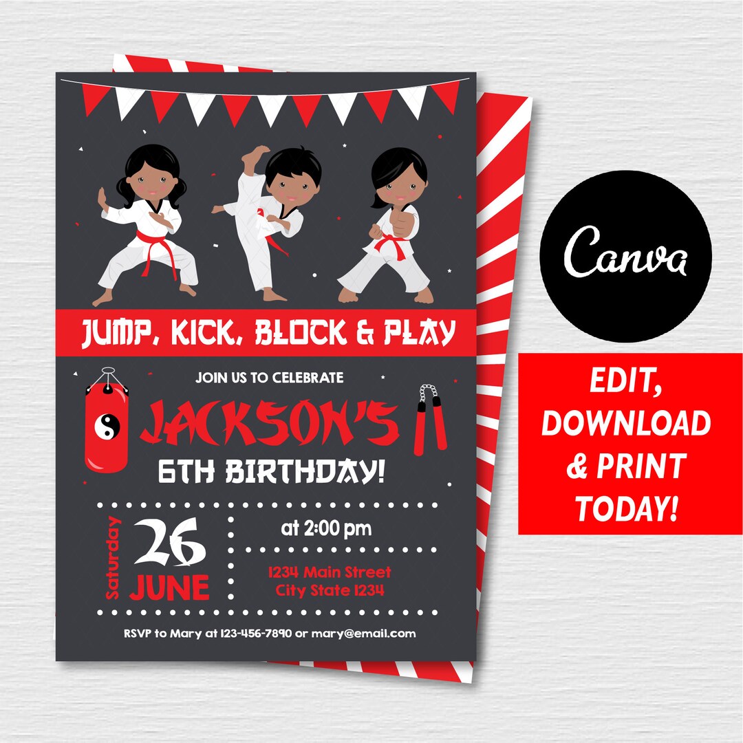 Editable African American Taekwondo Invitation, Karate Invitation, Taekwondo Party, African ...