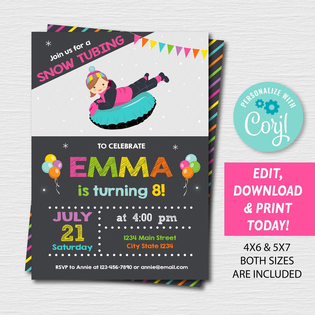 Editable Snow Tubing Birthday Invitation Girls Sledding - Etsy