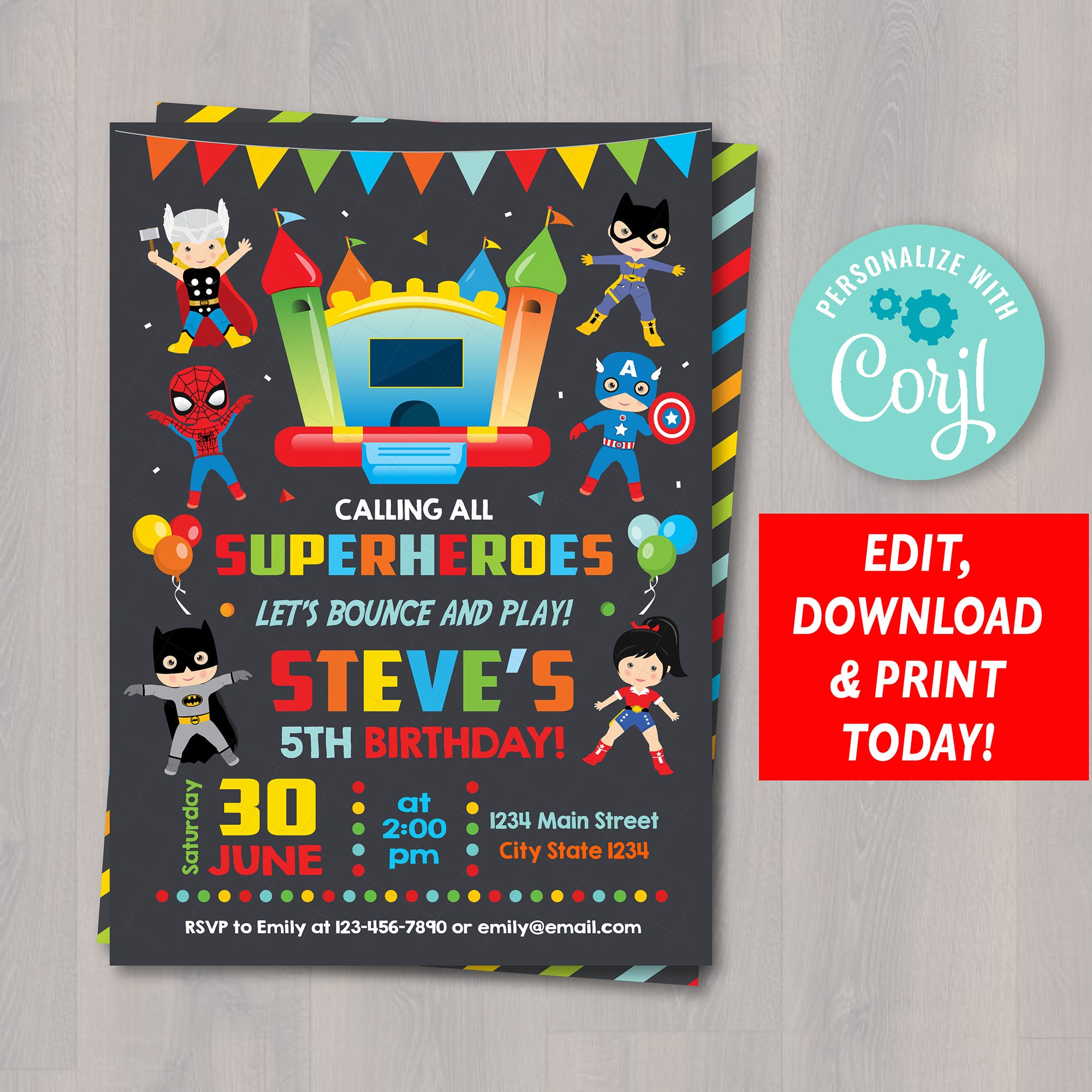 Editable Superhero Bounce House Invitation Superheroes - Etsy