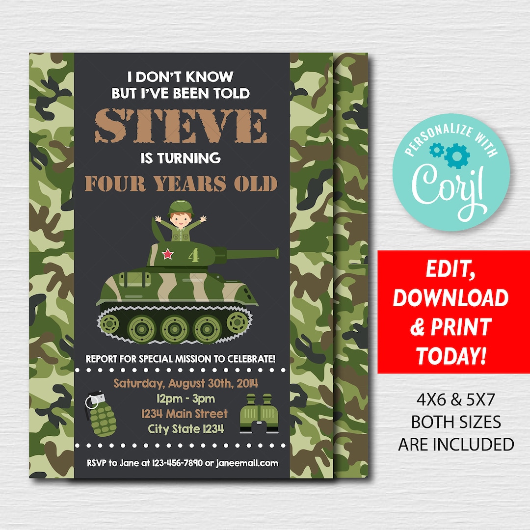 Self Editable Army Birthday Invitation Tank Invitation - Etsy Singapore