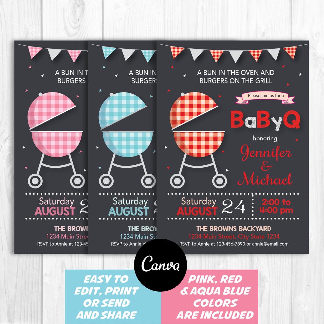 Editable, Baby-q Shower Invitation, Barbecue Baby Shower, Red, Pink ...