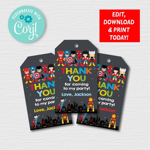 Editable Superheroes Favor Tags Superhero Birthday - Etsy