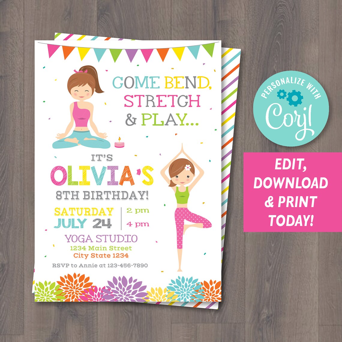 Self Editable Yoga Birthday Invitation Yoga Party Yoga | Etsy