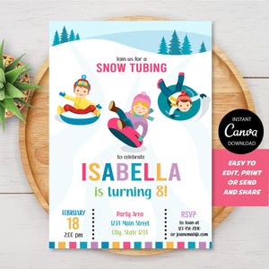 Editable, Snow Tubing Birthday Invitation, Girls Sledding Party, Winter ...