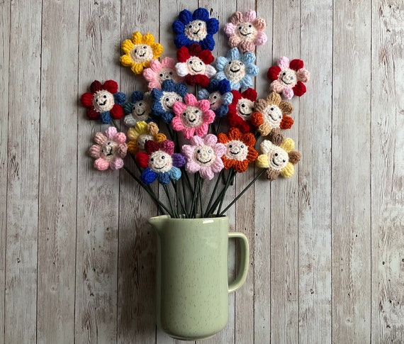 Crochet Smiley Flower Stems Smiley Flower for Home Decor | Etsy
